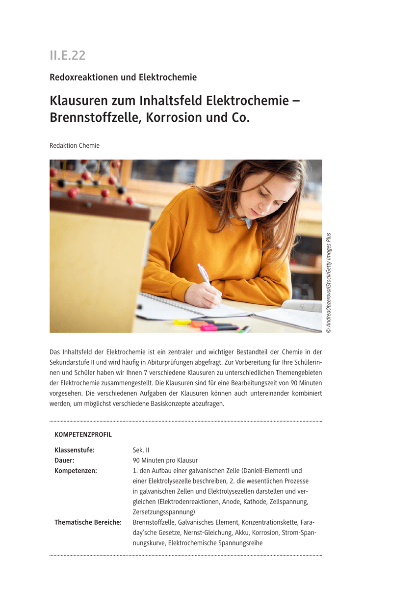 Klausuren zum Inhaltsfeld Elektrochemie Brennstoffzelle, Korrosion und Co.