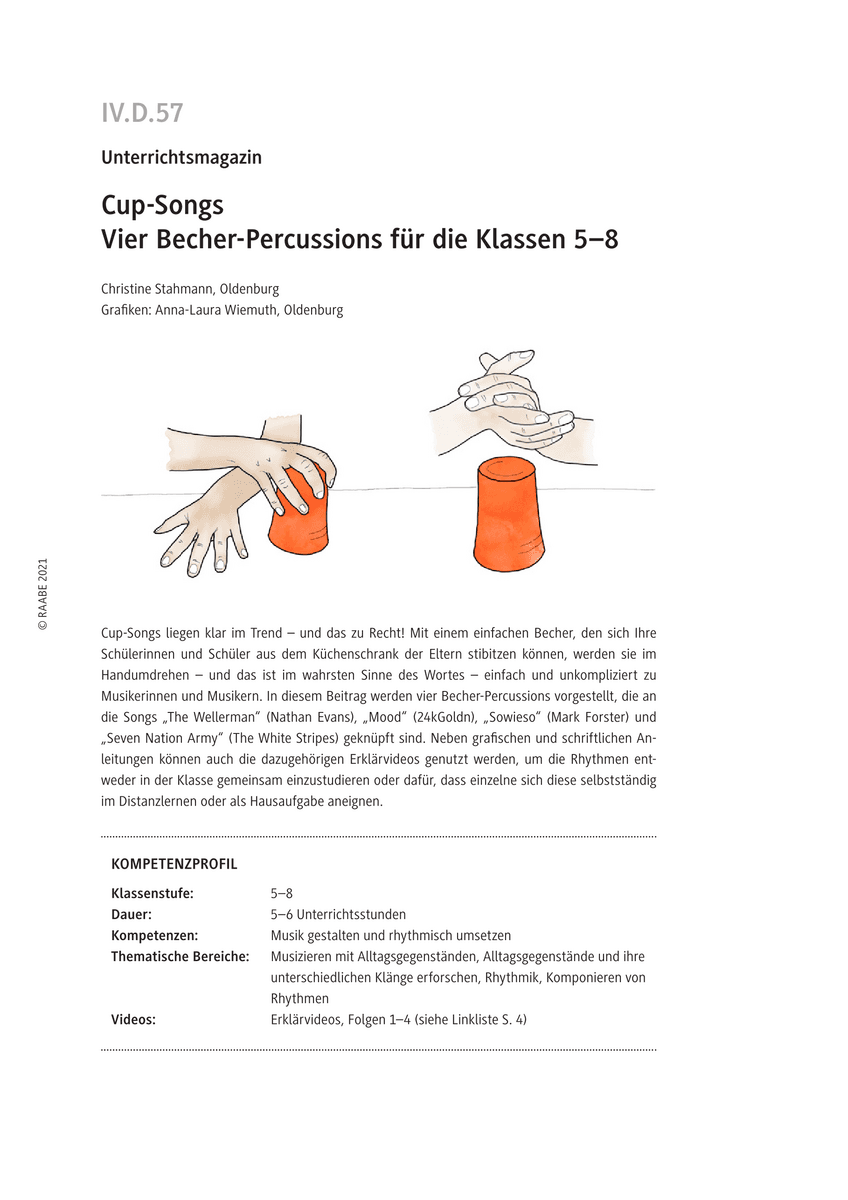 Cup-Songs Vier Becher-Percussions für die Klassen 5-8