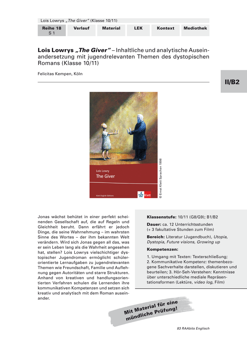 Lois Lowrys „The Giver“ Inhaltliche und analytische Auseinandersetzung ...
