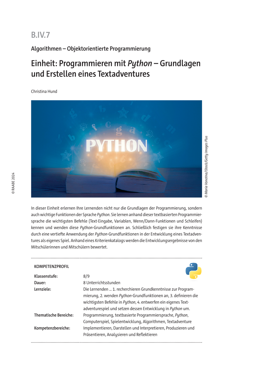 Einheit: Programmieren mit Python Grundlagen und Erstellen eines Textadventures